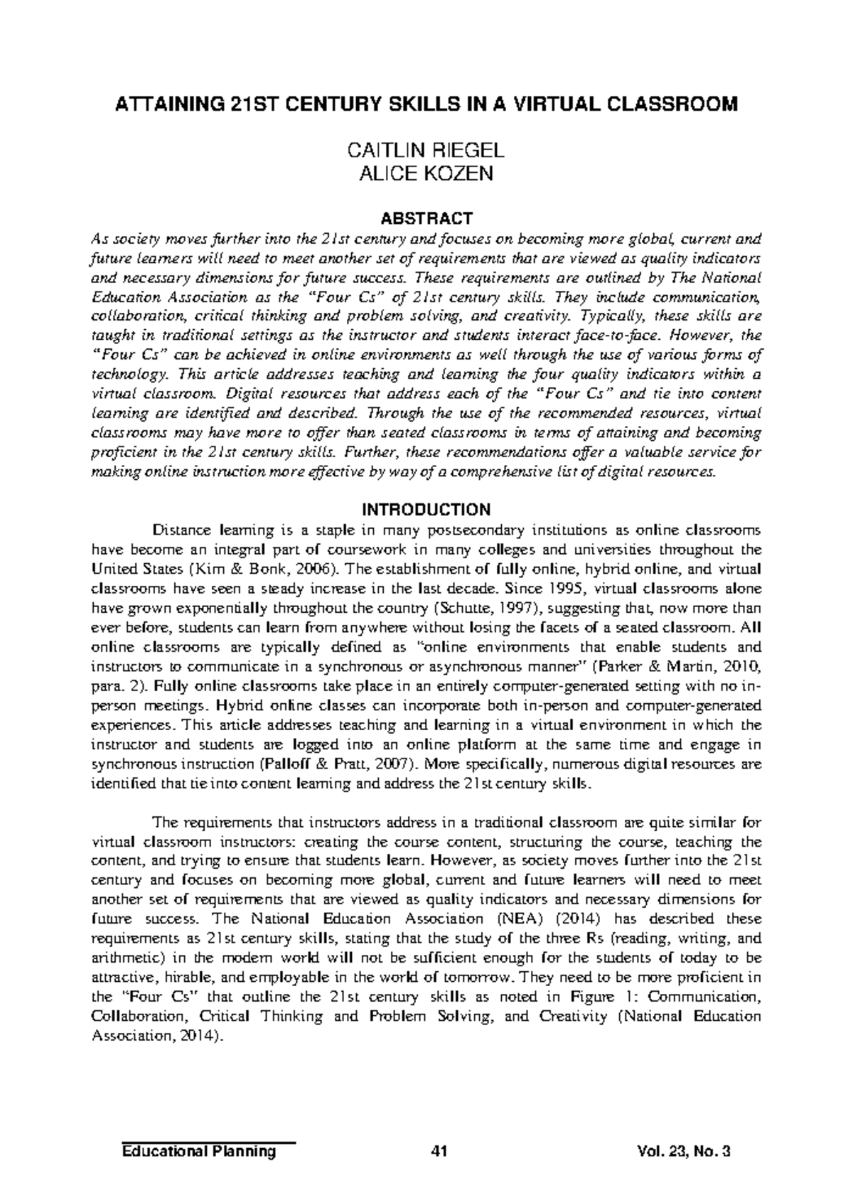 EJ1208406 - Thank you - ATTAINING 21ST CENTURY SKILLS IN A VIRTUAL CLASSROOM CAITLIN RIEGEL ...