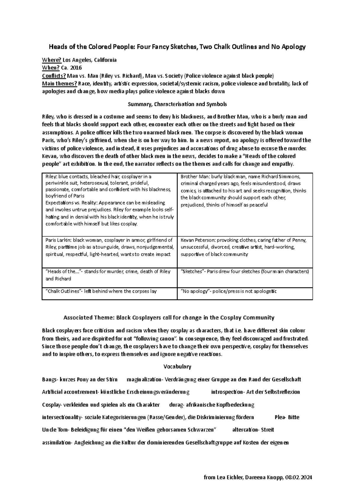 Heads of the Colored People Handout - from Lea Eichler, Dareena Knopp ...