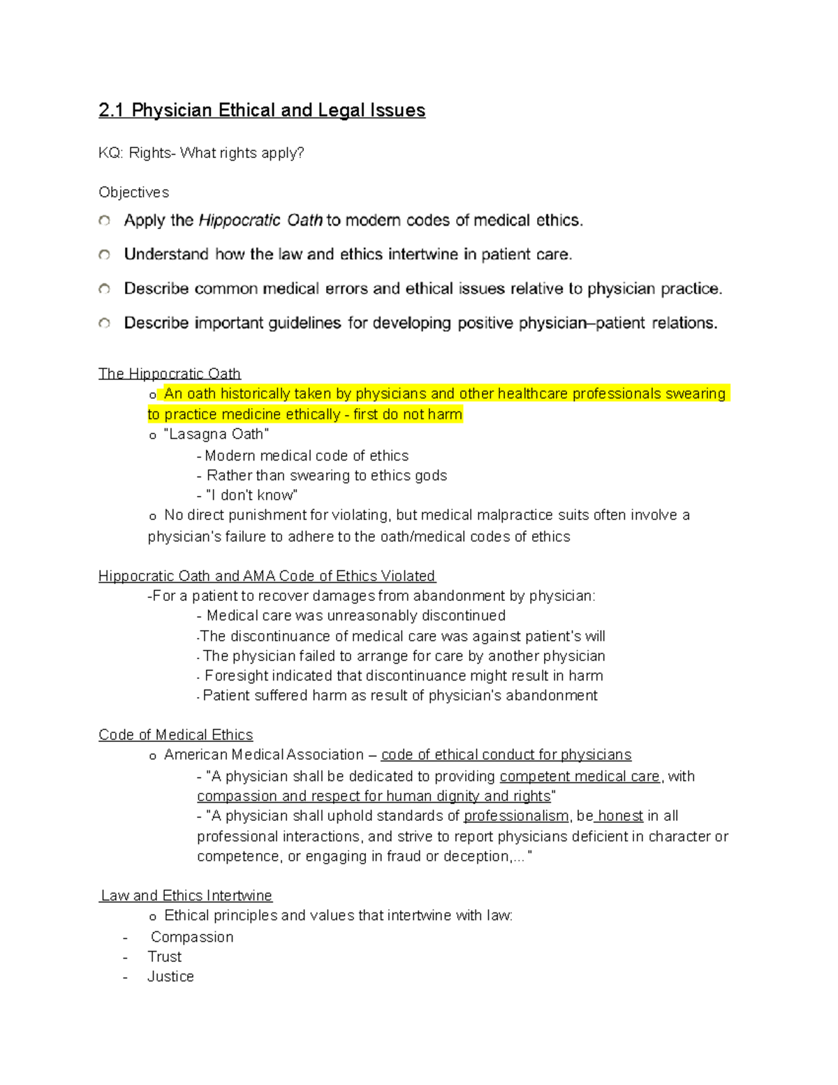 Ethics Test 2 study guide - 2 Physician Ethical and Legal Issues KQ ...