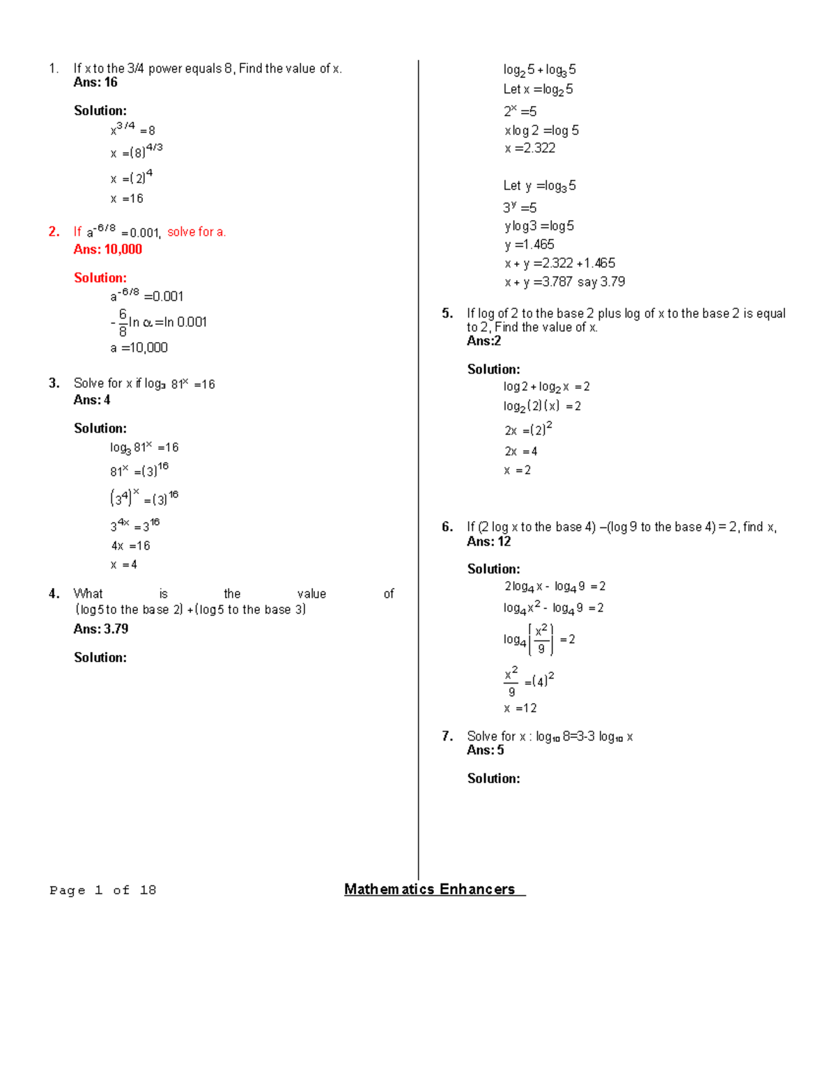 Pdfslide - for tutorial - 1. If x to the power equals 8, Find the value ...