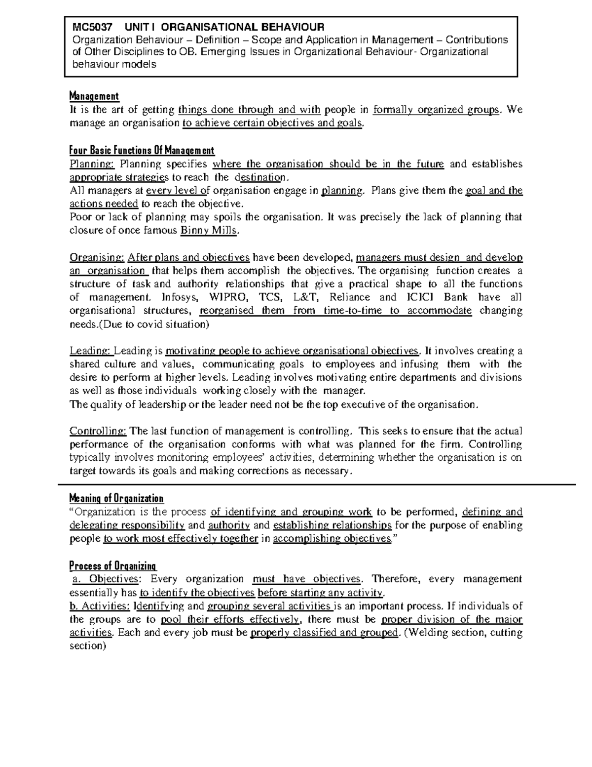 Unit I Organisational Behavkour 1st part - Management It is the art of ...