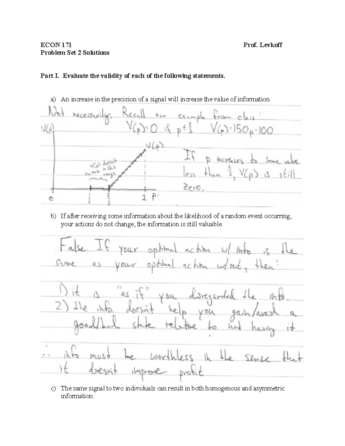 ECON 171 PS2 W21 Solutions - ECON 171 Prof. Levkoff Problem Set 2 Solutions Part I. Evaluate the ...