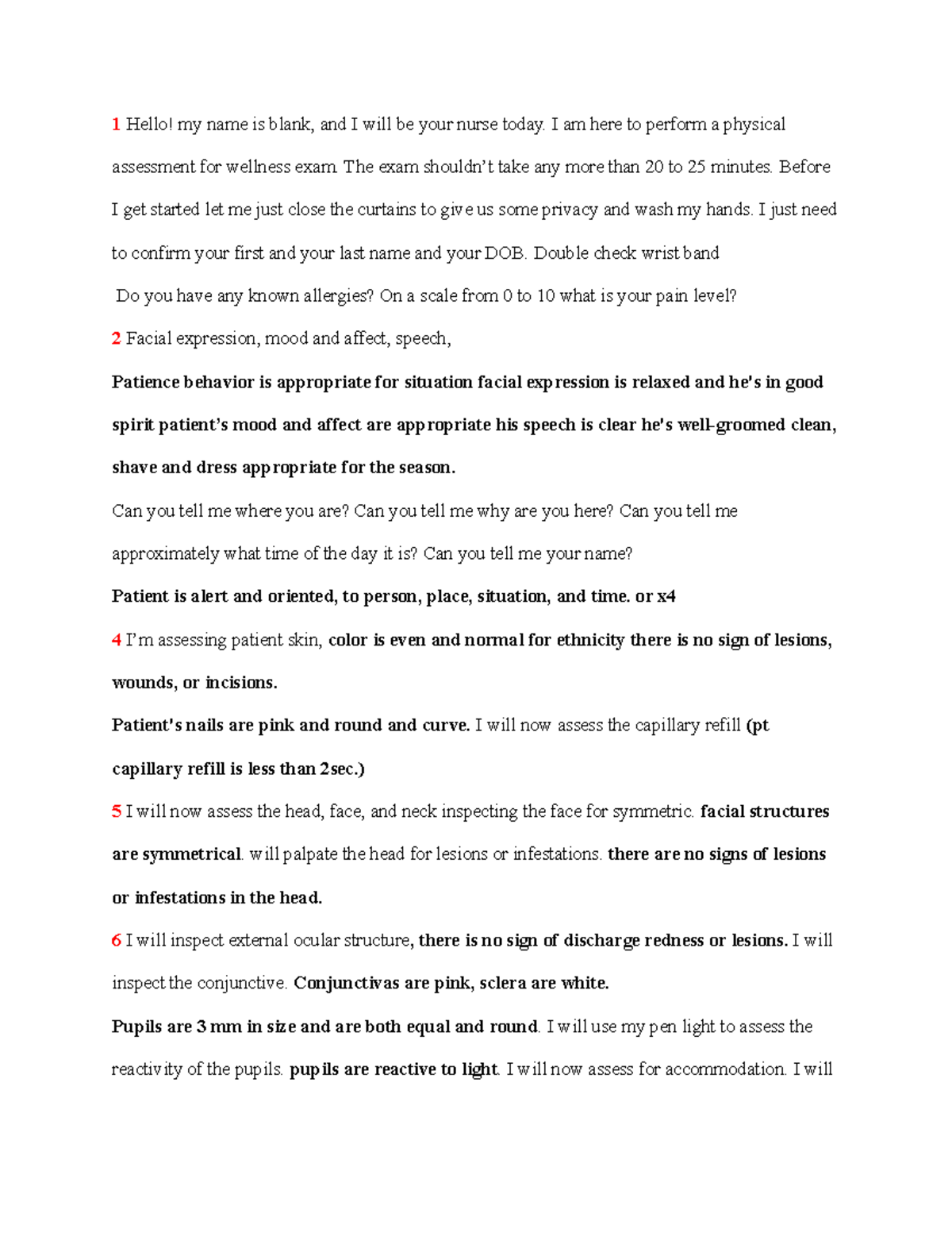 LAB script Final - head to toe assessment - 1 Hello! my name is blank ...