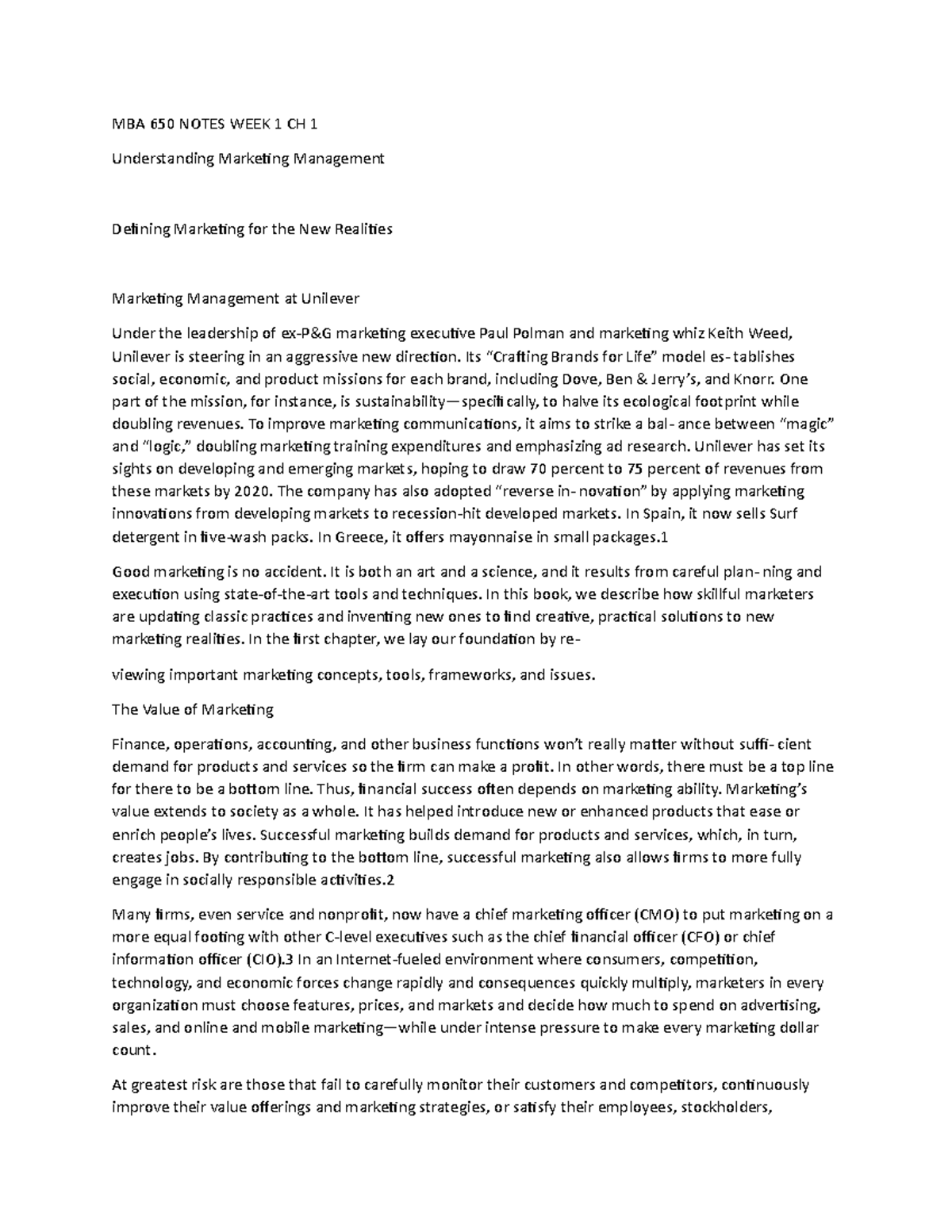 MBA 650 Notes WEEK 1 CH 1 - MBA 650 NOTES WEEK 1 CH 1 Understanding ...