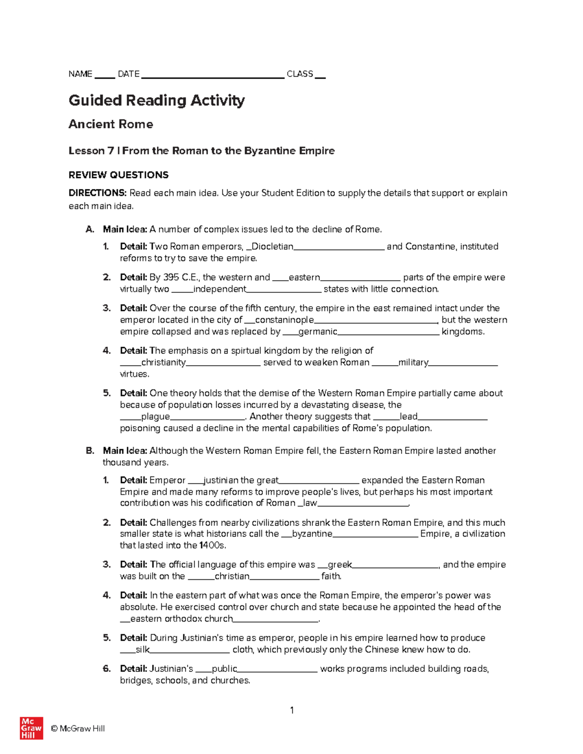 McGraw hill workseet - © McGraw Hill NAME DATE CLASS Guided Reading ...