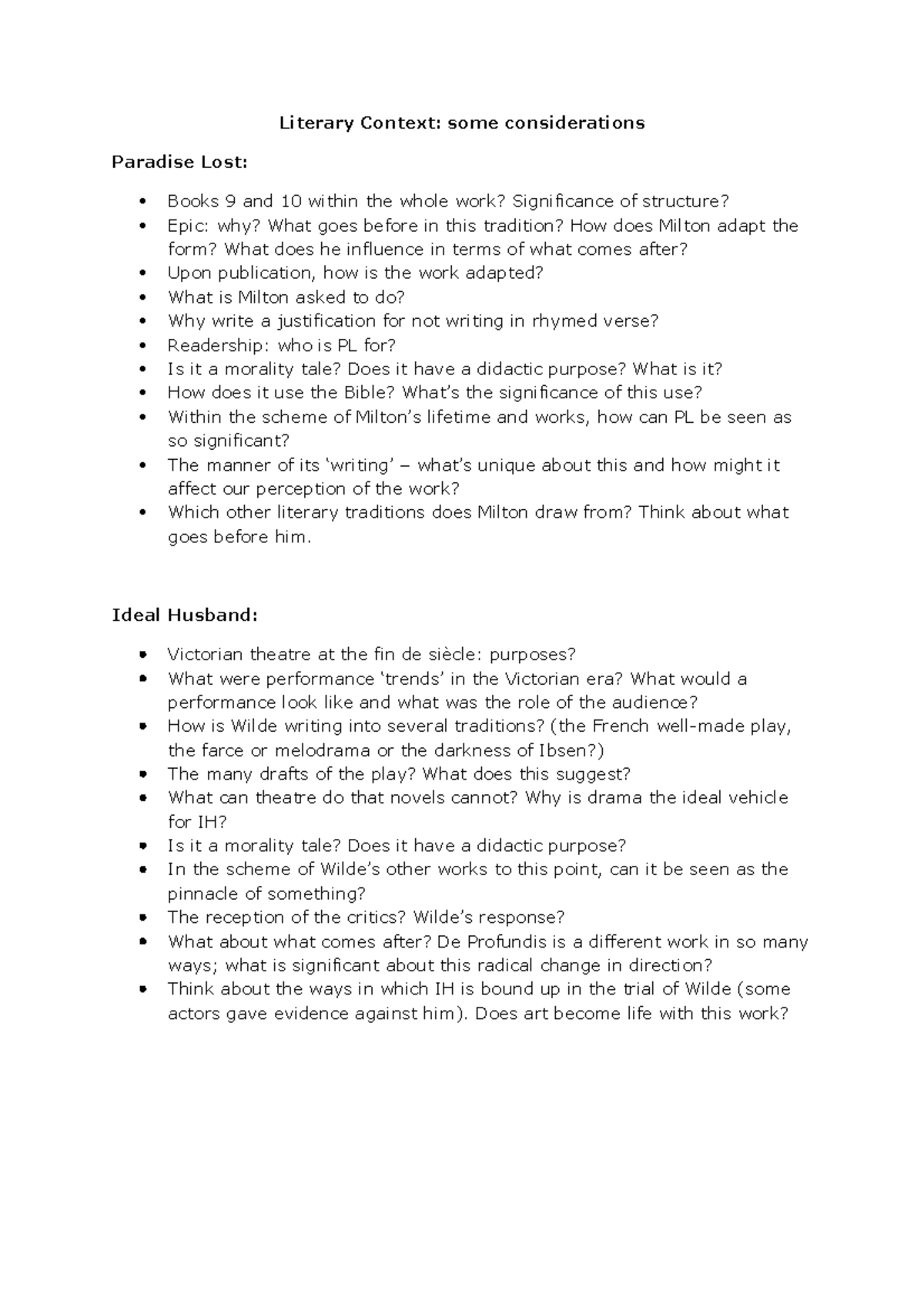 Paradise Lost Milton/ Oscar Wilde context notes - Literary Context ...