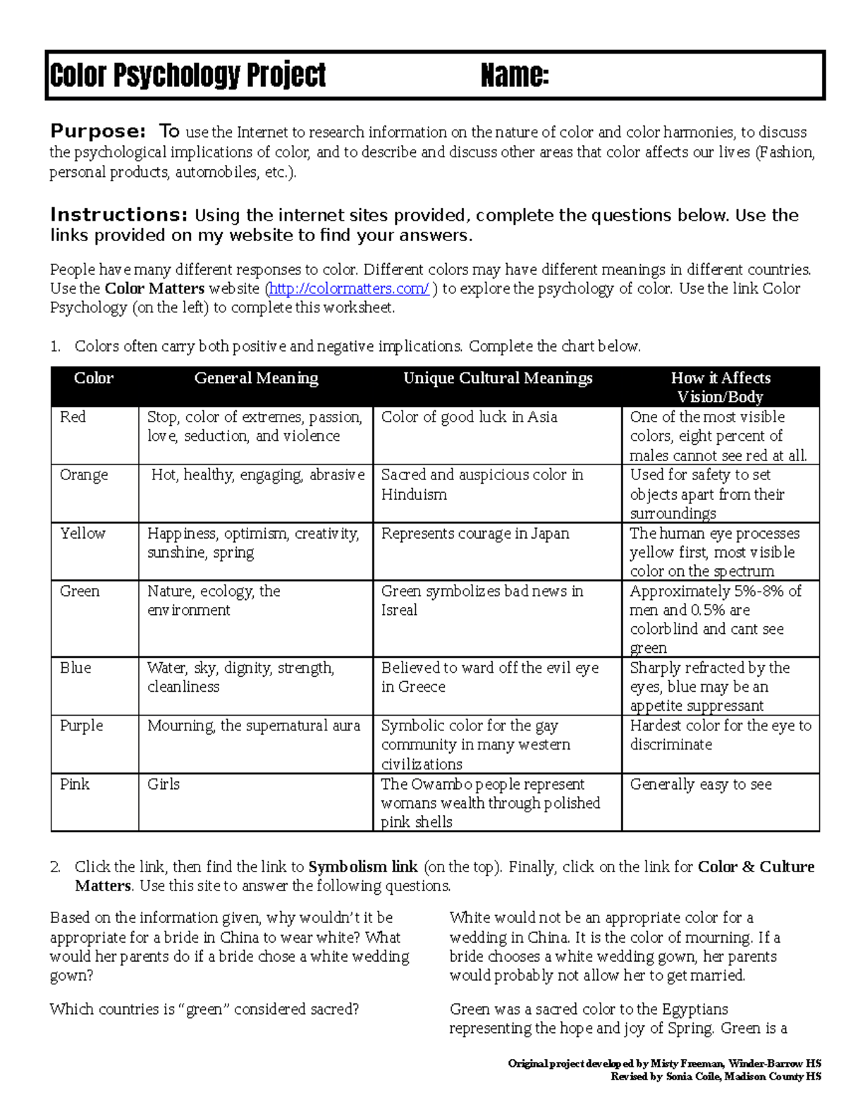Color Psychology Research - Color Psychology Project Name: Purpose: To ...