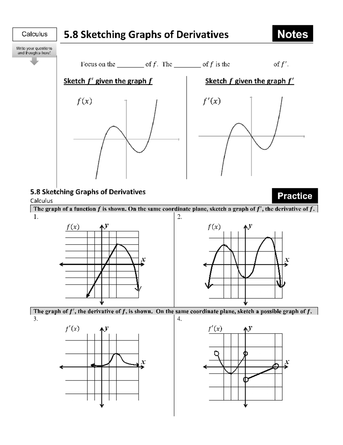 5.8 Notes & CYU - Calculus 5 Sketching Graphs of Derivatives Notes ...