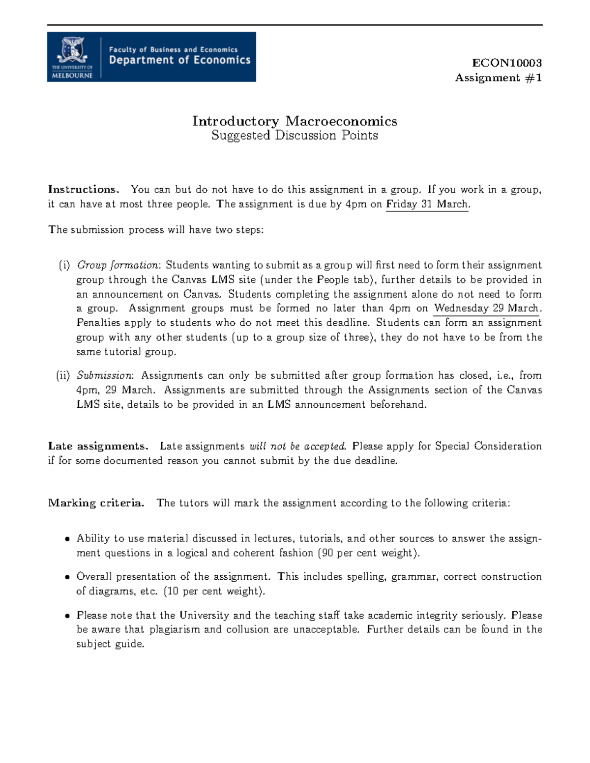 ECON10003 Assignment 1 - Suggested Discussion Points - ECON Assignment # Introductory ...