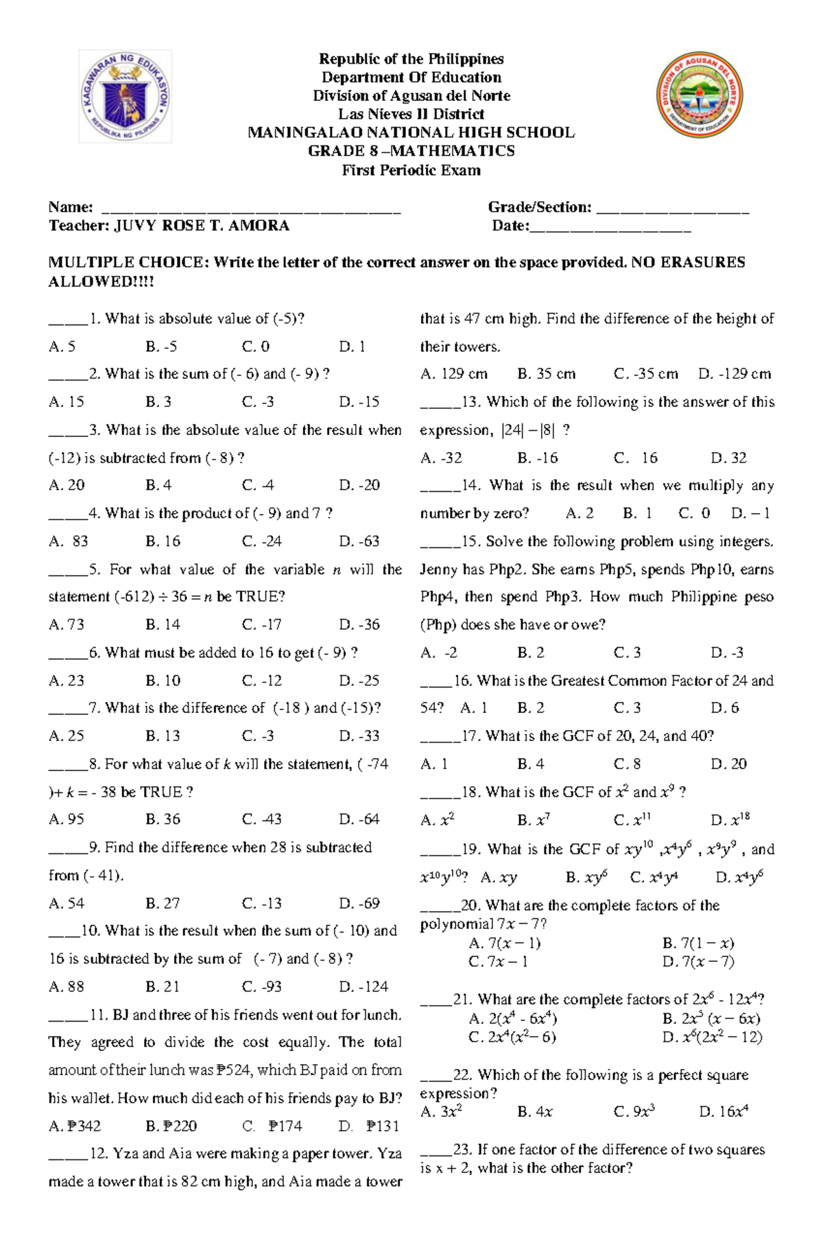 MATH 8 - First Periodic EXAM - Republic of the Philippines Department ...