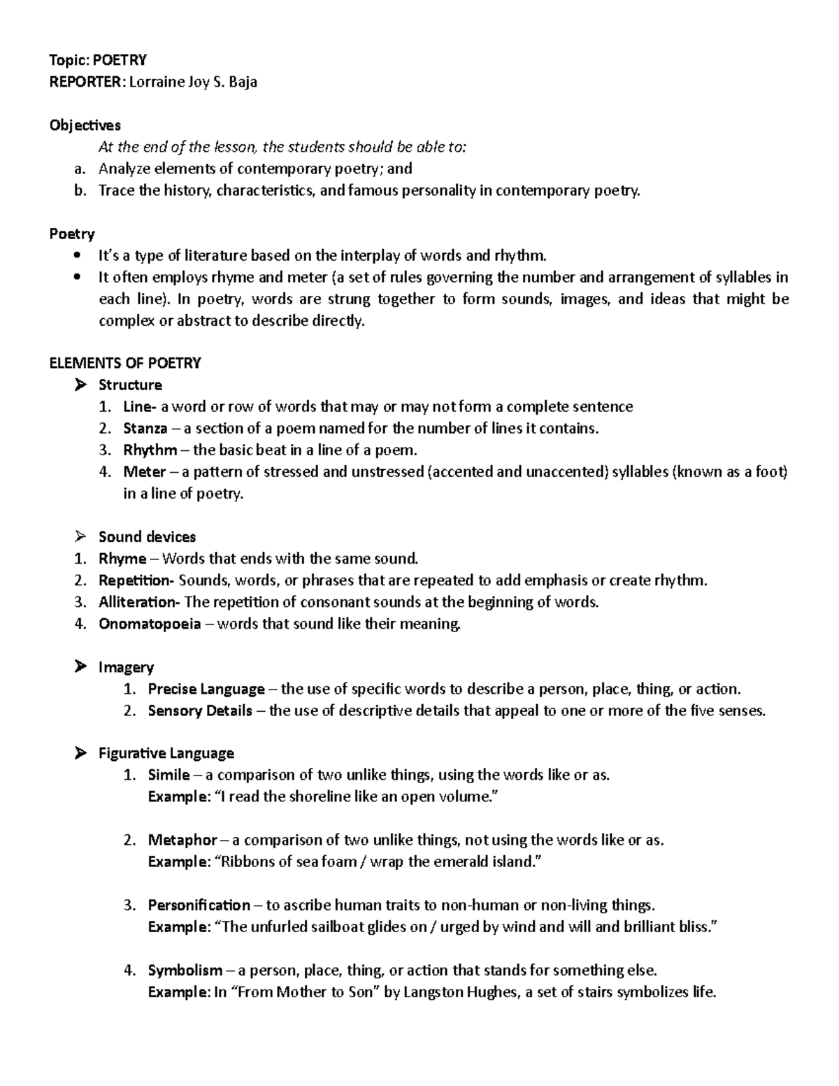 Outline- Poetry - Topic: POETRY REPORTER: Lorraine Joy S. Baja ...