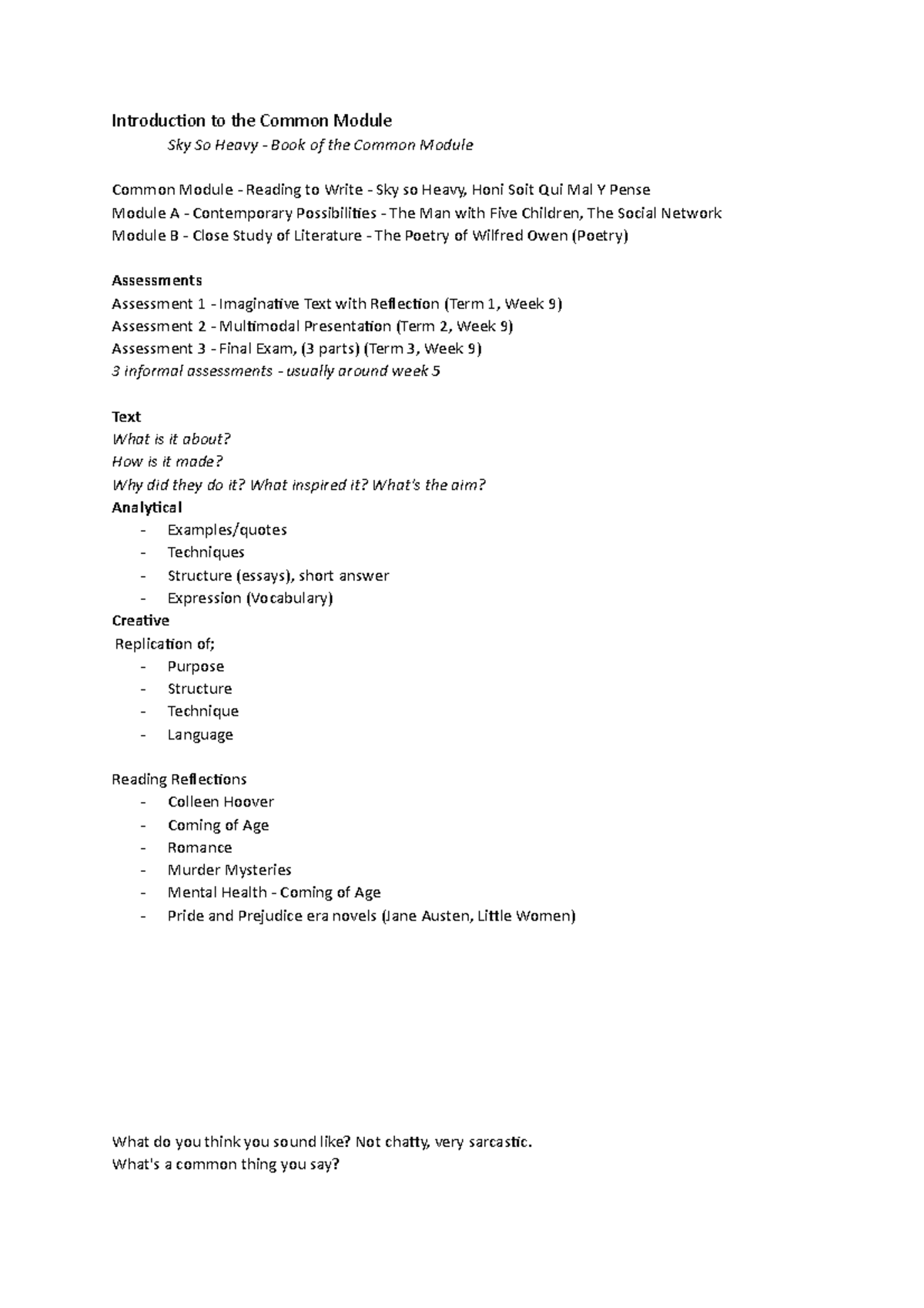 English course overview - Introduc)on to the Common Module Sky So Heavy ...