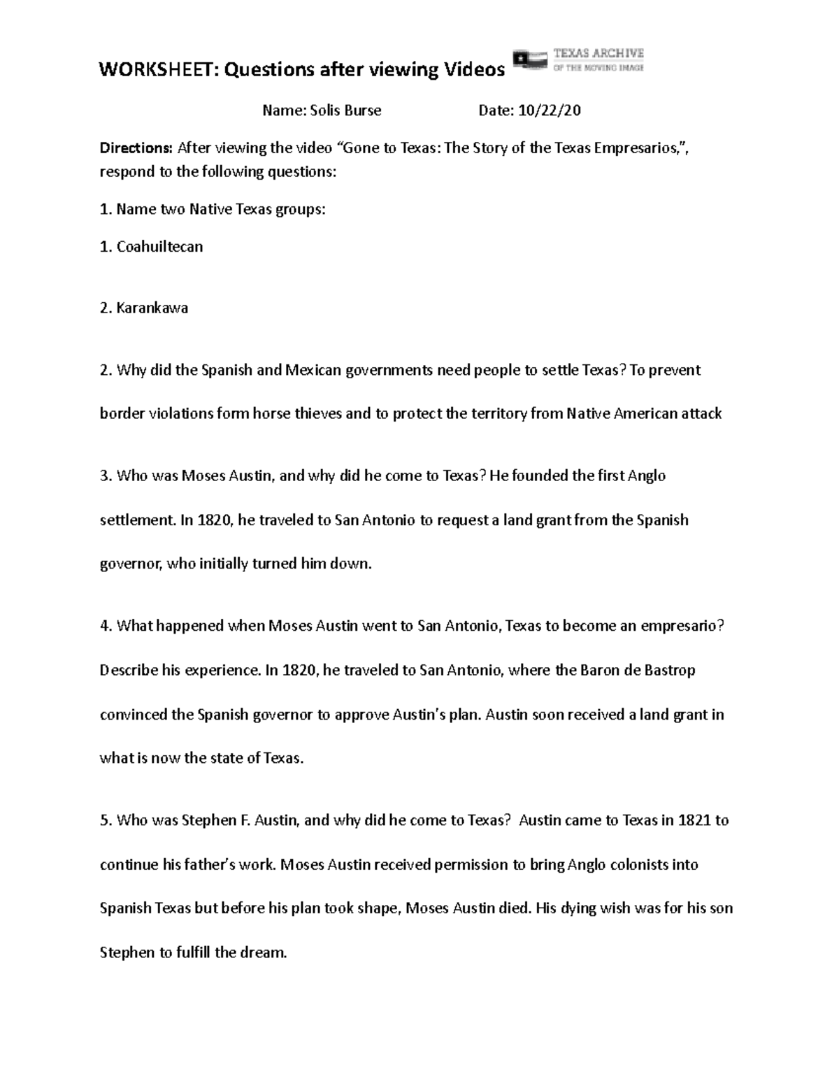 Worksheet - Gone to Texas - Grade 7 - WORKSHEET: Questions after ...