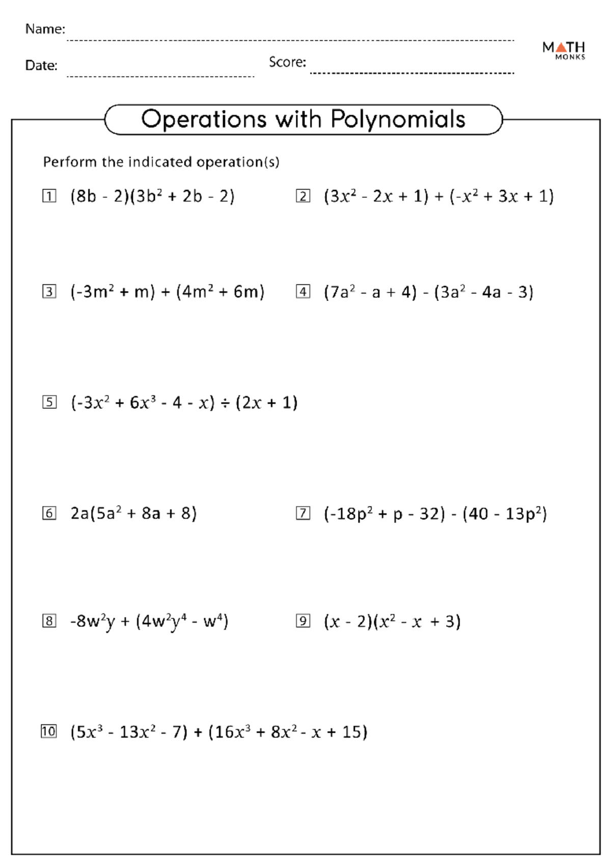Operations with Polynomials in mathematics with worksheets - BSEd ...