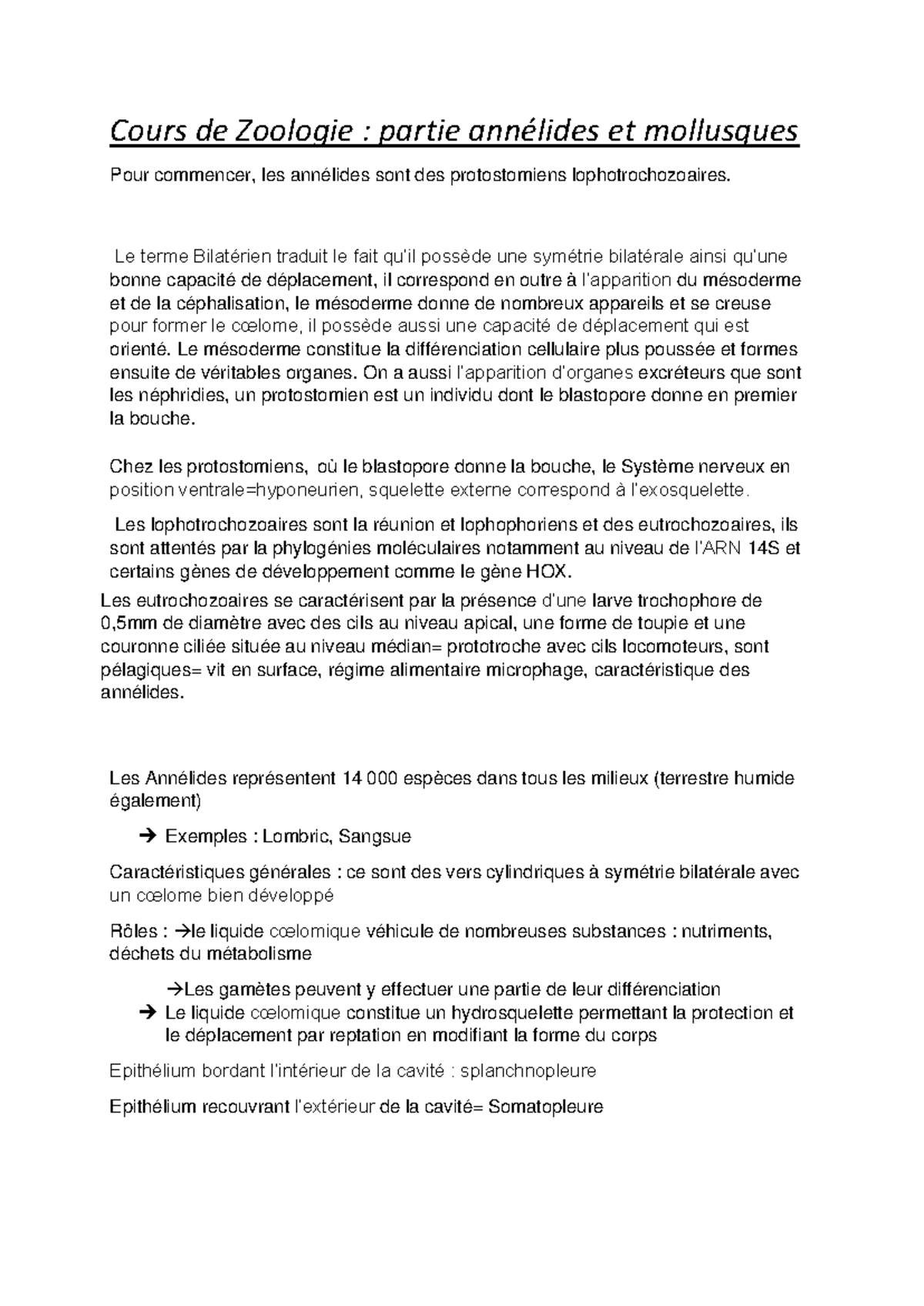 Cours de Zoologie - Le terme Bilatérien traduit le fait qu’il possède ...