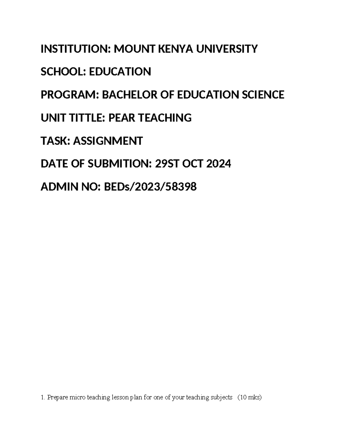 Pear teaching - Lesson plan - INSTITUTION: MOUNT KENYA UNIVERSITY ...