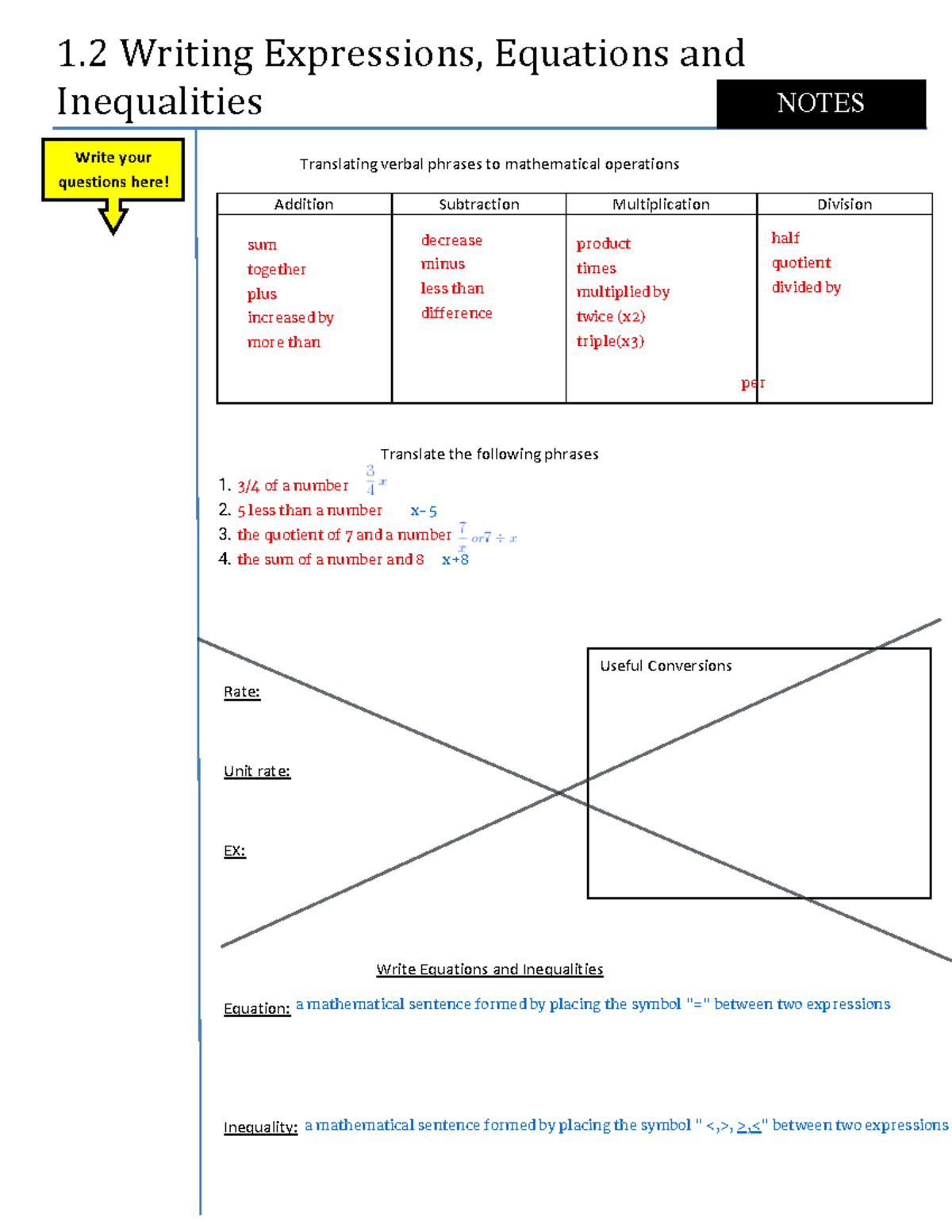 Algebra 1.2 - Writing Expressions Equations and Inequalities - Write ...