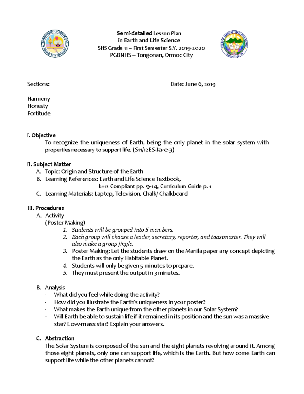 Lesson plan in uniqueness of earth - Semi- detailed Lesson Plan in ...