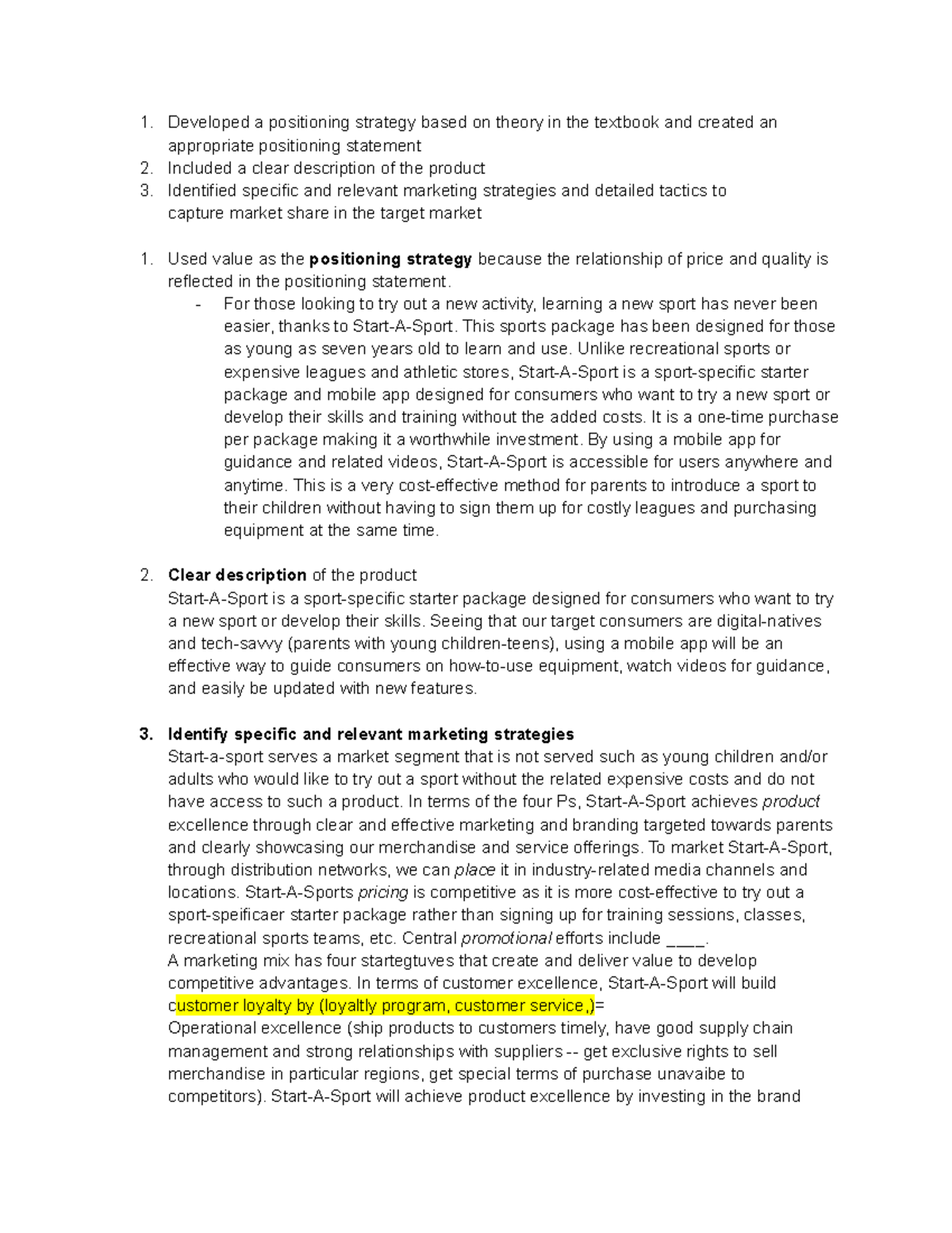 Start-a-sport case study Marketing plan - Developed a positioning ...