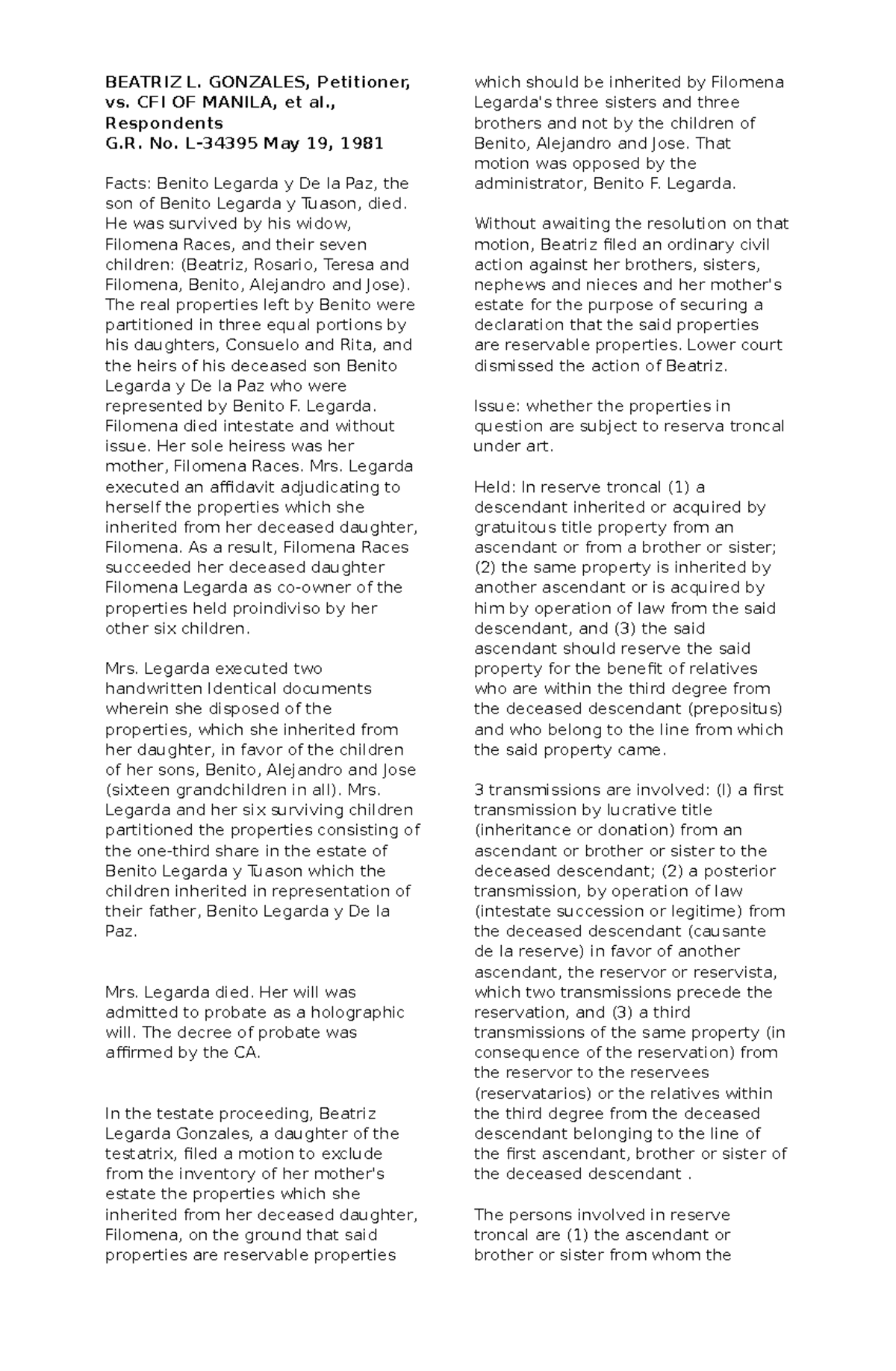 Gonzales-VS-CFI - Case digest to help you. - BEATRIZ L. GONZALES ...
