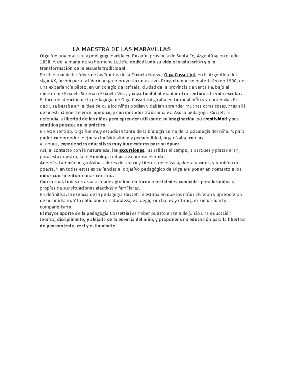 Señorita olga - Apuntes de exámen - LA MAESTRA DE LAS MARAVILLAS Olga ...