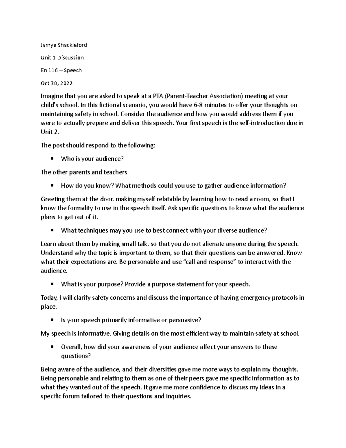 Unit1Disc Speech - Introduction to public speaking - Jamye Shackleford ...