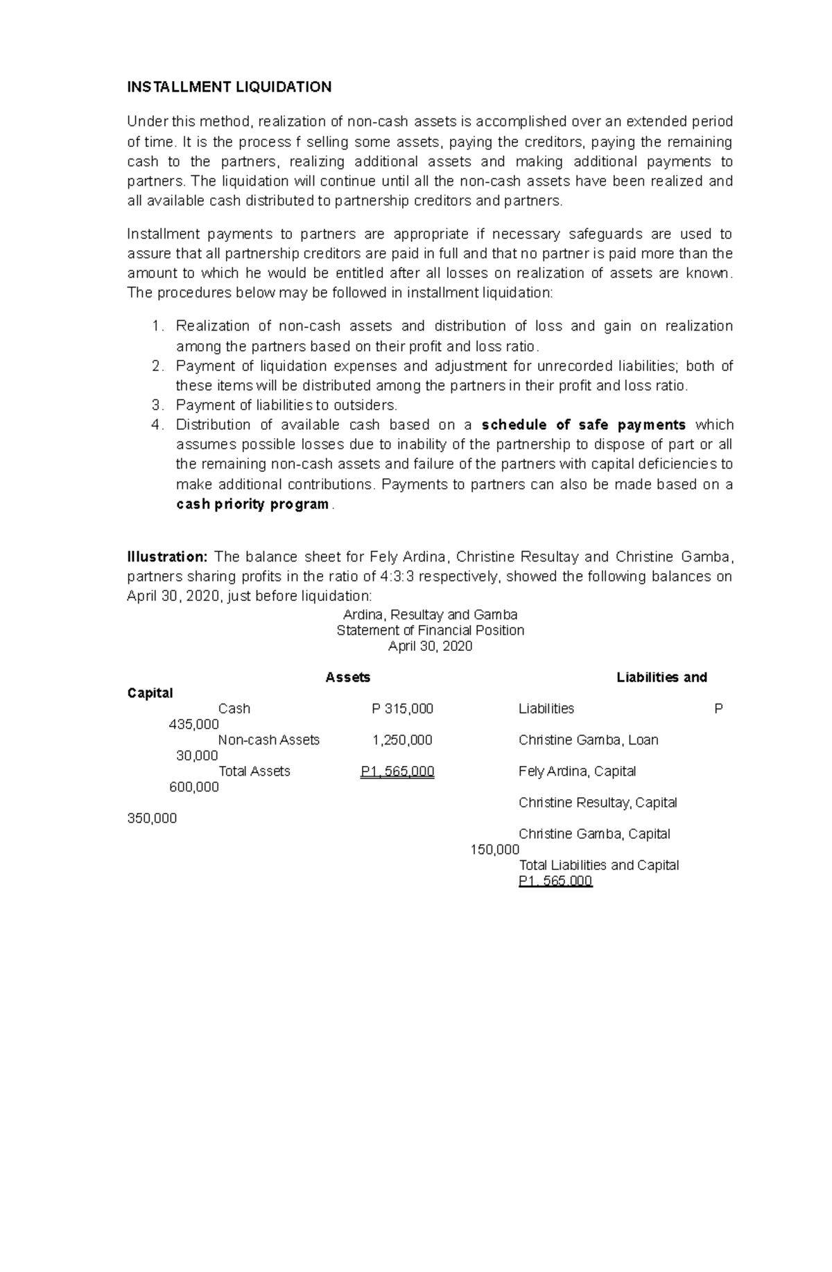 Installment Liquidation - INSTALLMENT LIQUIDATION Under this method ...