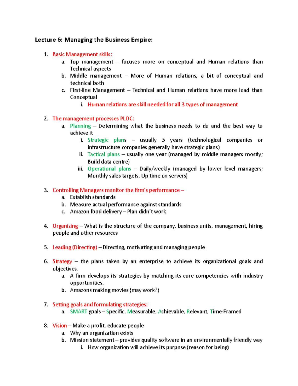 Lecture 6 - BUS - Lecture 6: Managing the Business Empire: 1. Basic ...