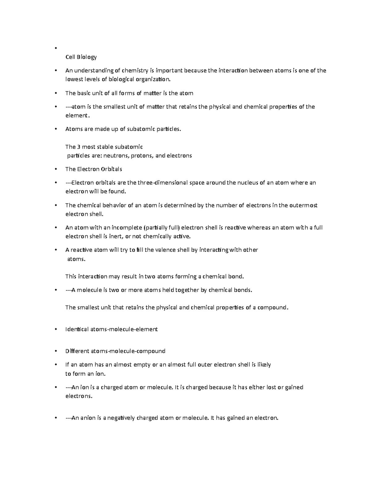 Exam 1 Material - Cell Biology - • Cell Biology An understanding of ...