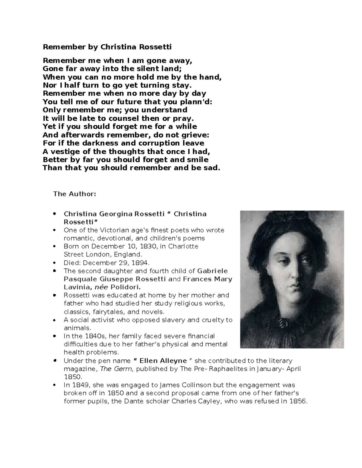 A poem: Remember by Christina Rosetti Lecture notes - Remember by ...