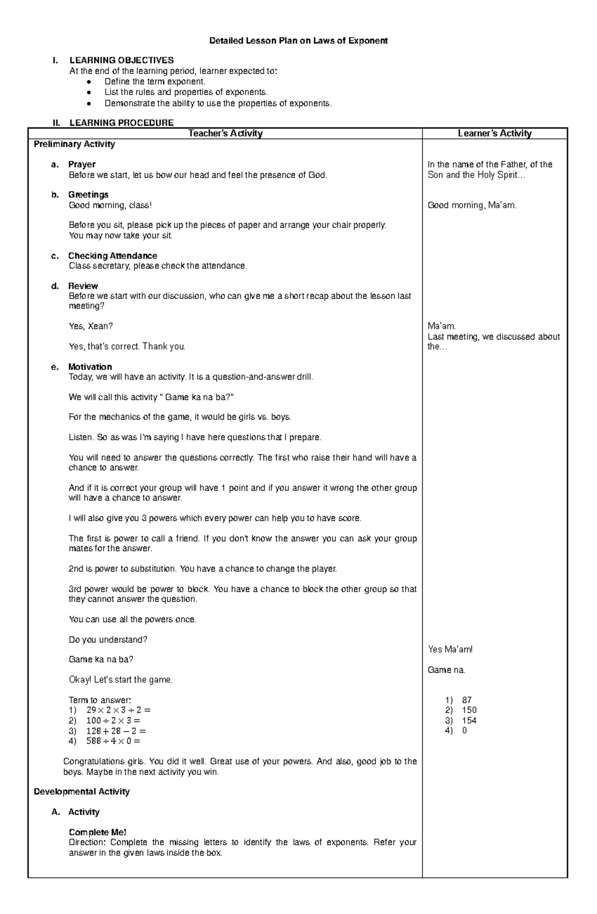 26151406 - I don't know - Detailed Lesson Plan on Laws of Exponent I ...