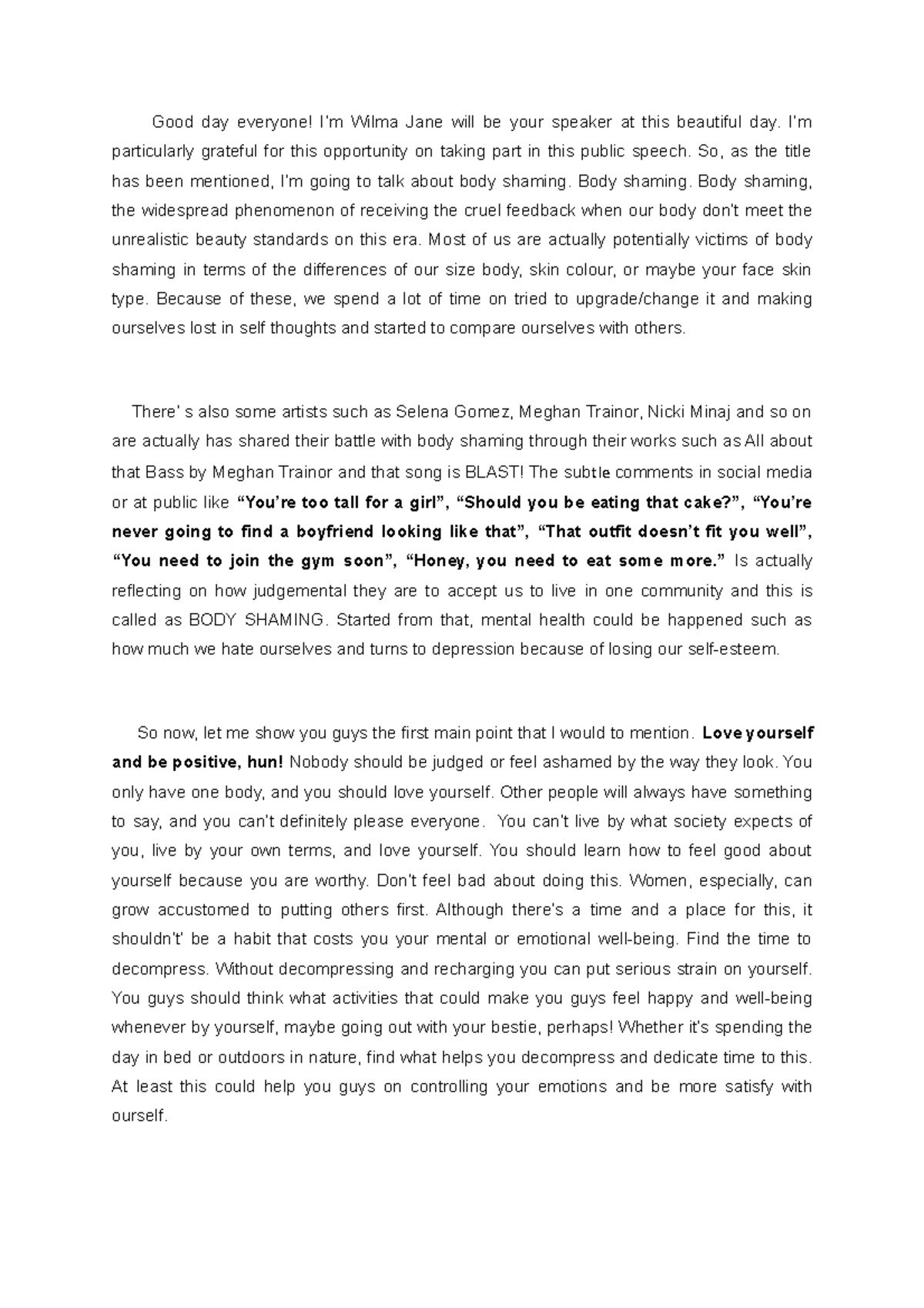 Body shaming - Good day everyone! Wilma Jane will be your speaker at ...