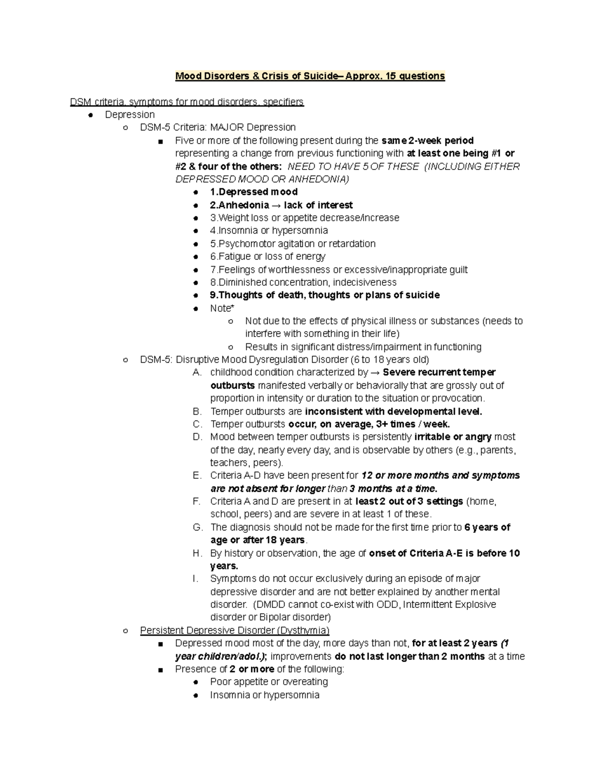 Psych - study guide 2 blueprint - Mood Disorders & Crisis of Suicide ...