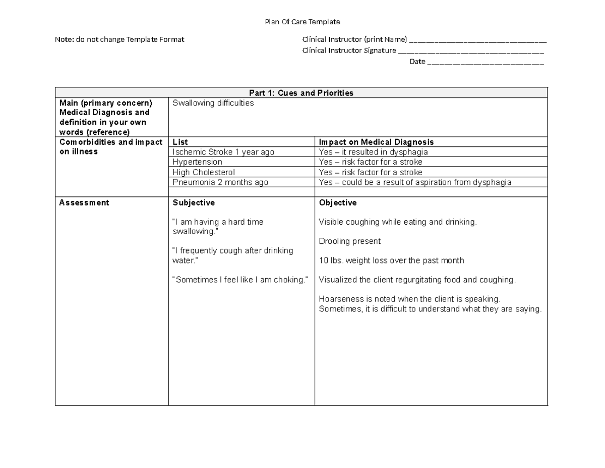 Plan of Care example PND 2nd semester - Plan Of Care Template Note: do ...