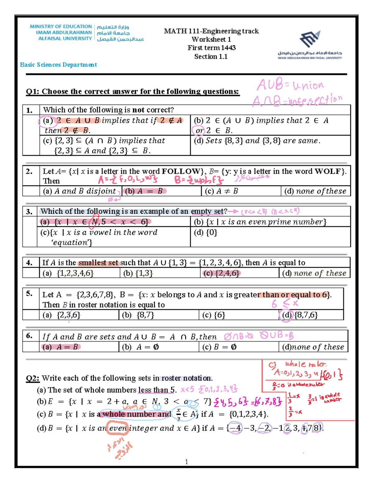 Worksheet 1 - Practice questions - 1 MATH 111-Engineering track ...