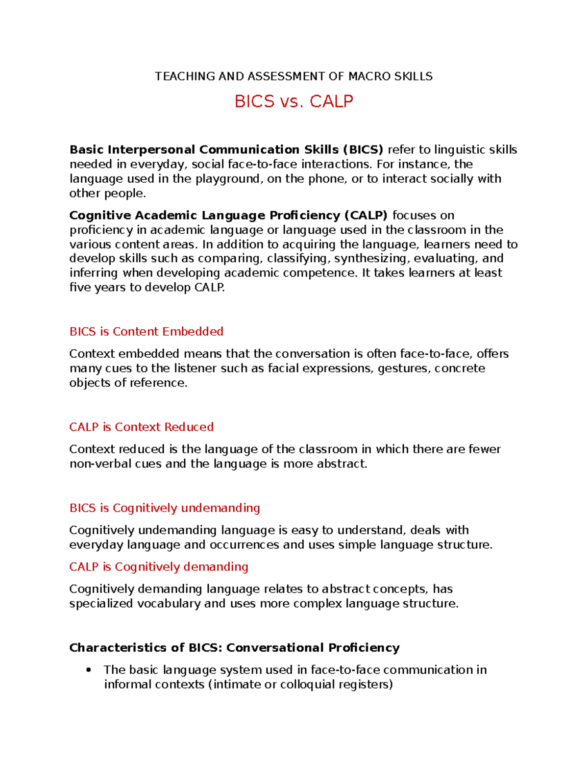 SEE2208 Teaching and Assessment of Macro Skills BICS vs. CALP ...