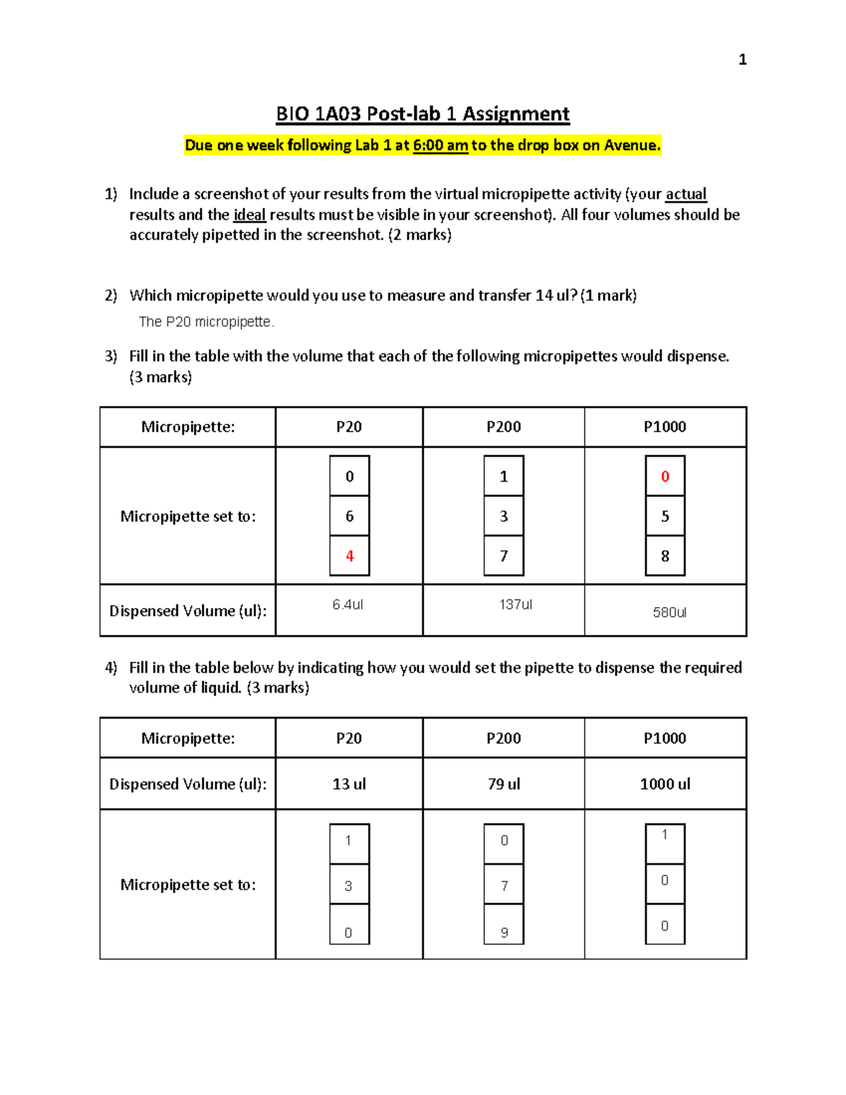 BIO 1A03 Post-lab 1 Assignment - 1 BIO 1A03 Post-lab 1 Assignment Due one week following Lab 1 ...
