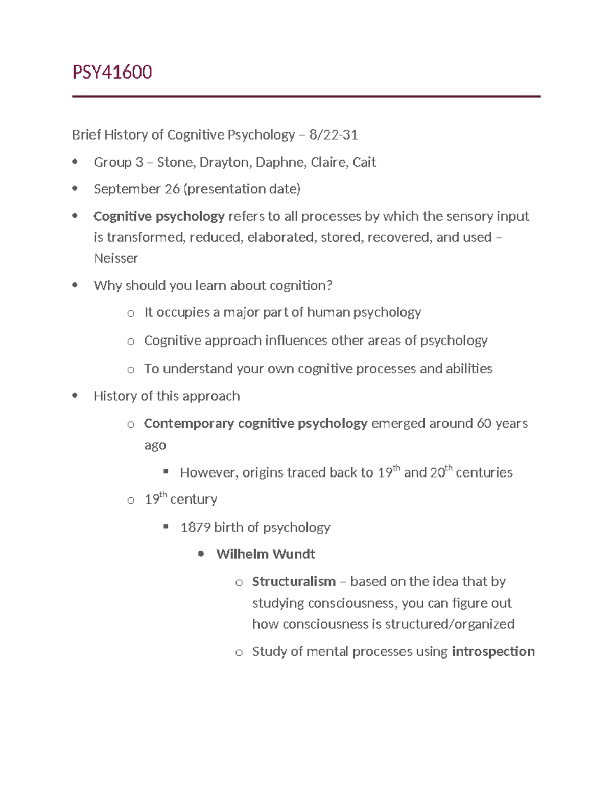 PSY416 Notes - PSY Brief History of Cognitive Psychology – 8/22- Group ...