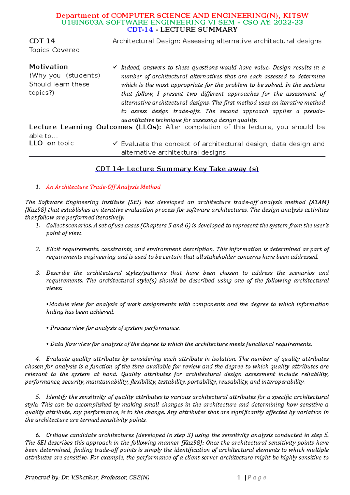 Assessing alternative architectural designs - Department of COMPUTER SCIENCE AND ENGINEERING(N ...