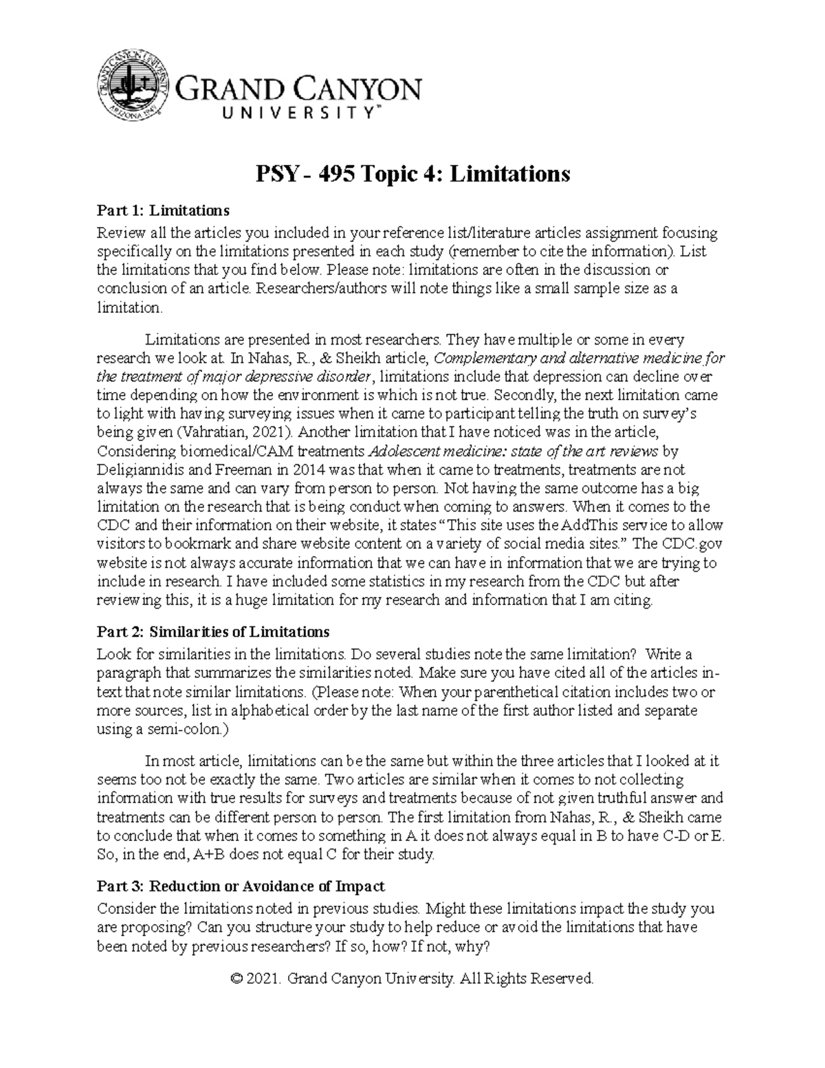 Lynzee Smith PSY-495 Limitations - PSY-495 - GCU - Studocu