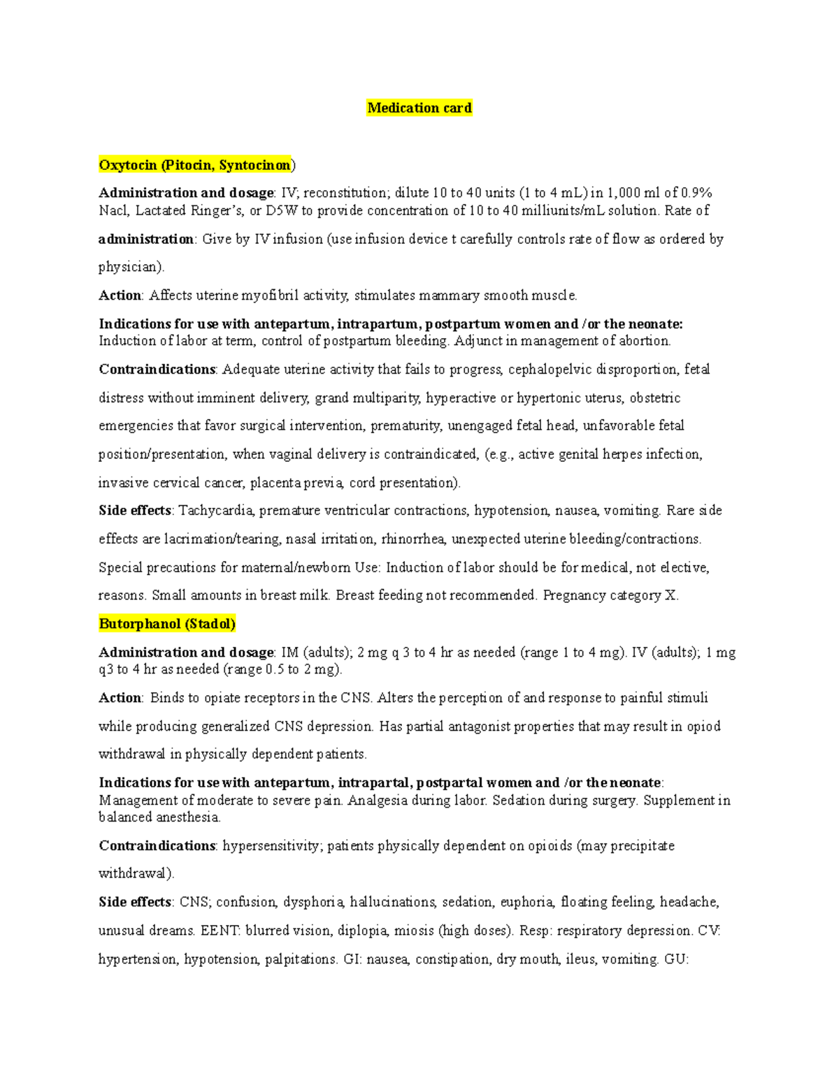 LD - Labor and delivery - Medication card Oxytocin (Pitocin, Syntocinon ...