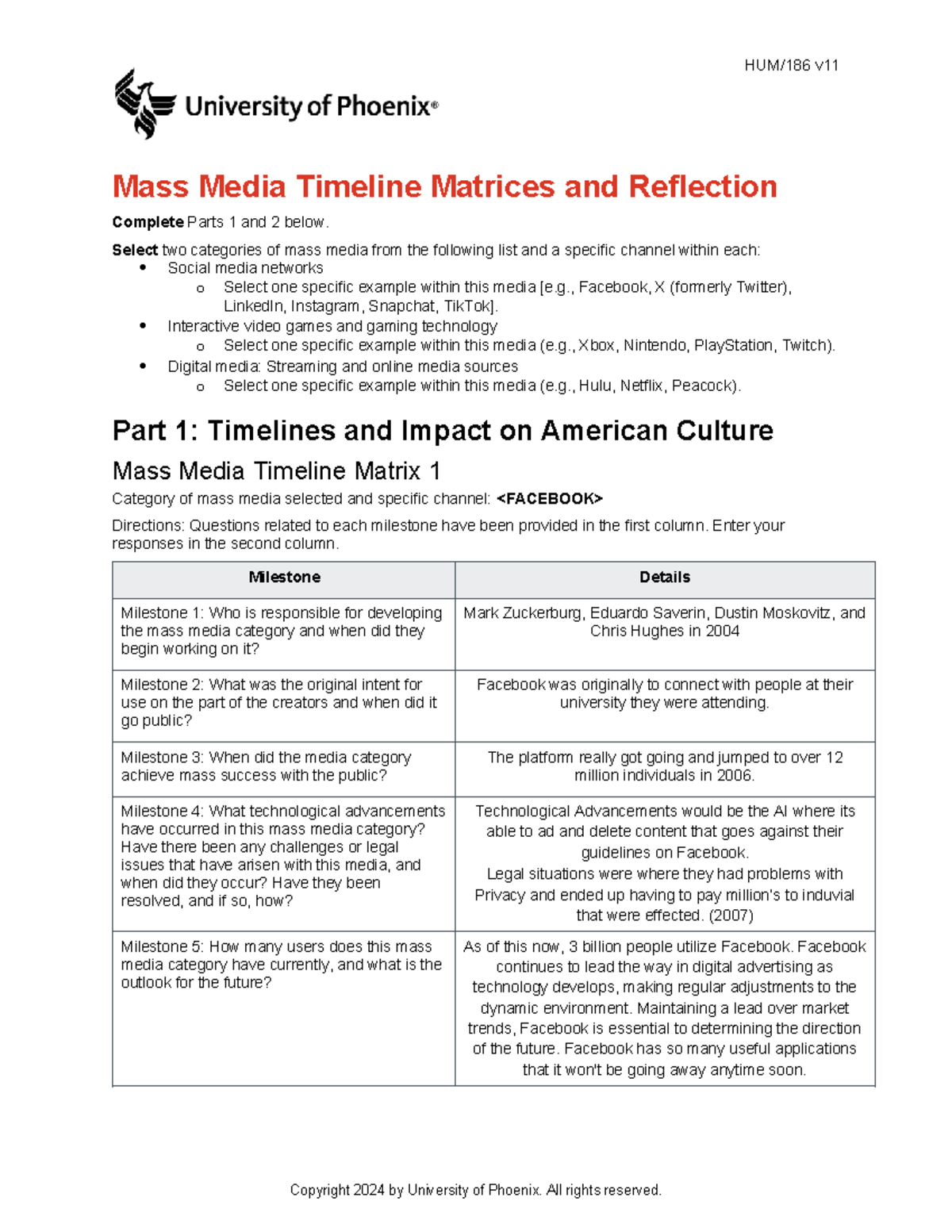 Mass Media Timeline Matrices and Reflection - HUM/186 v Mass Media ...