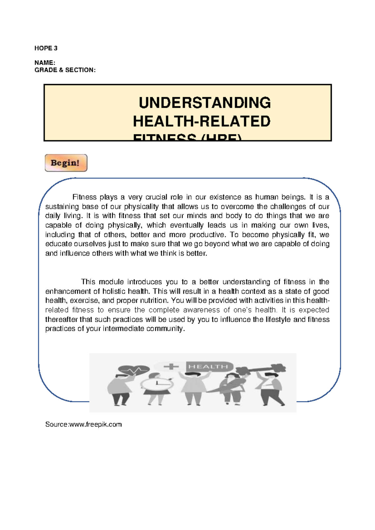 HOPE 3 Module 1 - hope - HOPE 3 NAME: GRADE & SECTION: Fitness plays a ...