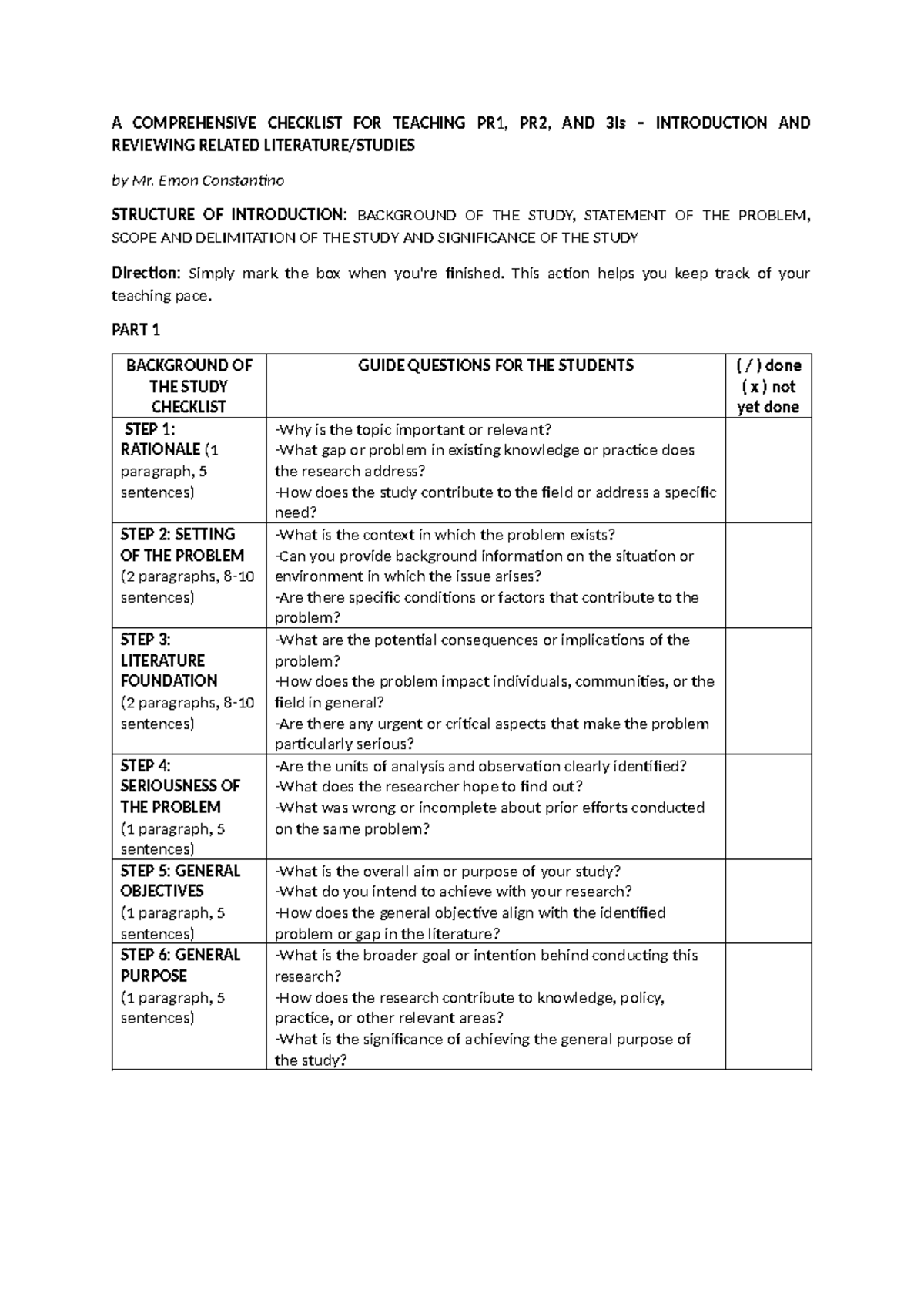 Checklist FOR PR1 PR2 3Is Intro and RRL 1 - A COMPREHENSIVE CHECKLIST FOR TEACHING PR1, PR2, AND ...