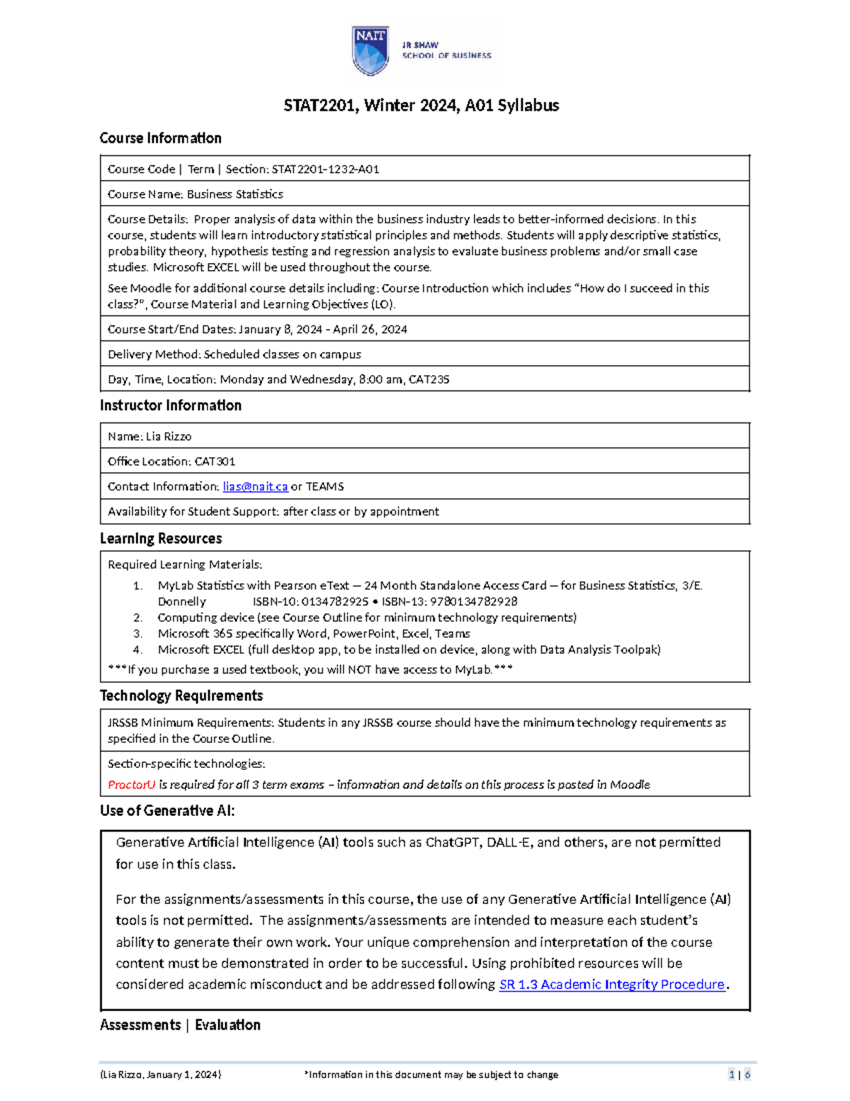 Syllabus Jan 2024 AO1 - Course Information Course Code | Term | Section ...