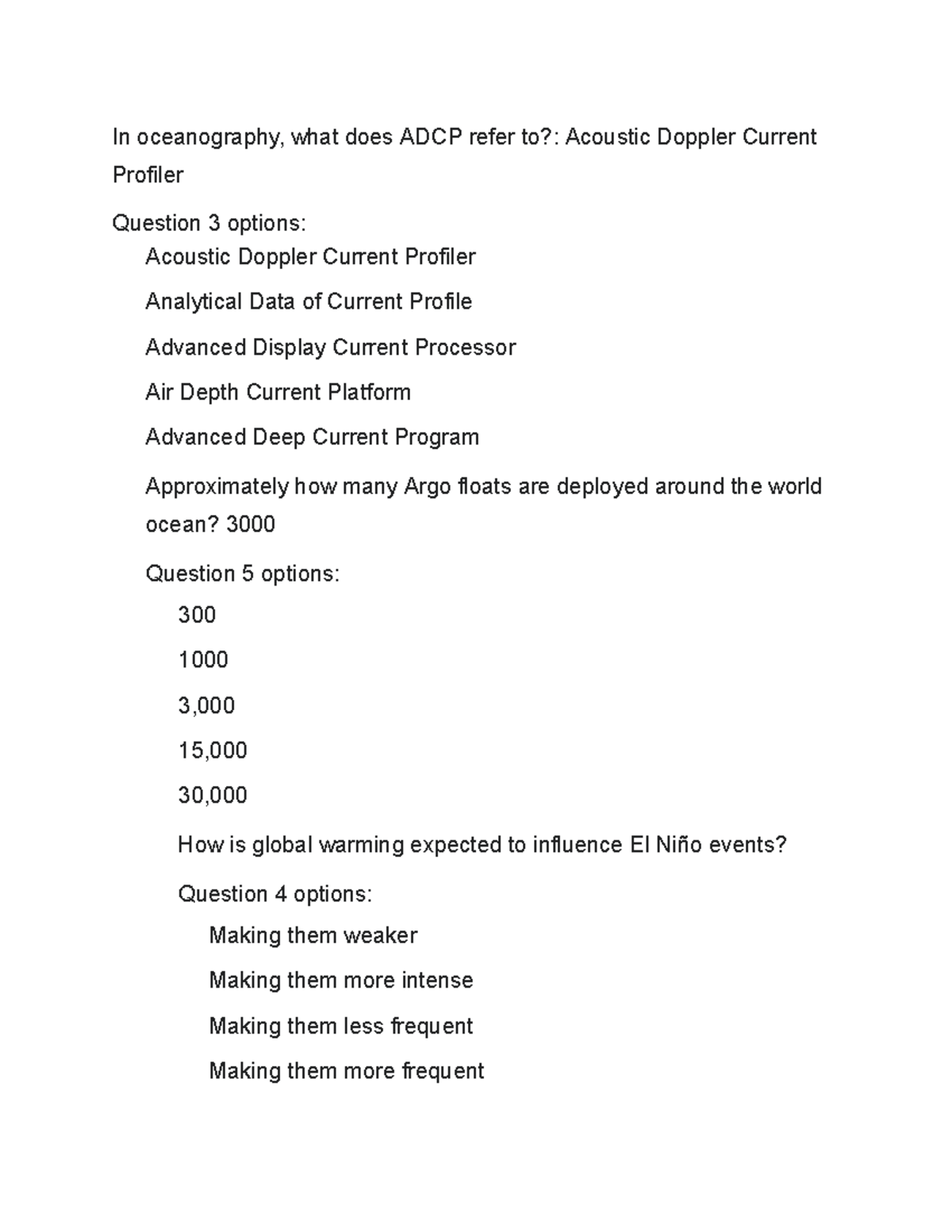 Ocean Science Quiz 4 - quiz questions - In oceanography, what does ADCP ...