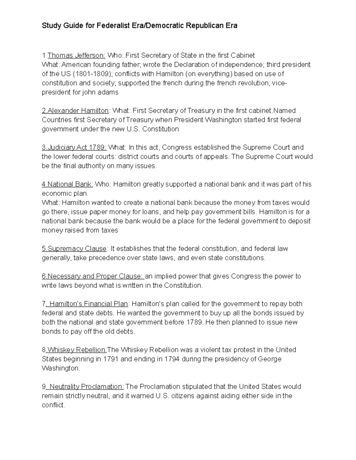 Copy of Study Guide Fed Era and Dem Rep Era - Study Guide for ...