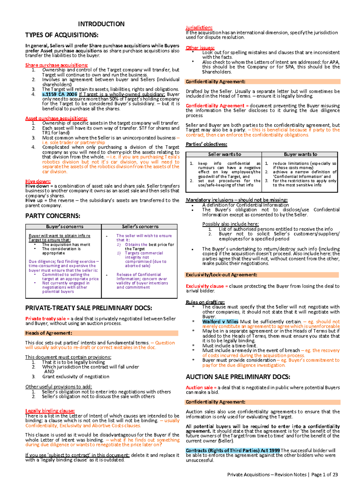 Private Aquisitions Revision Notes 2022 - INTRODUCTION TYPES OF ...