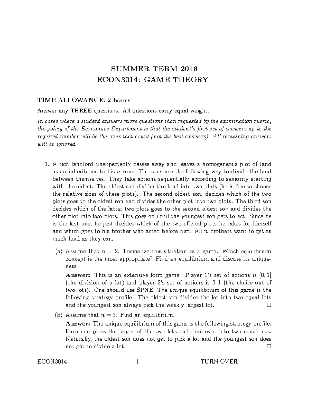 ECON0027 exam 16 ans - 2016 2017 exam game theory - SUMMER TERM 2016 ...