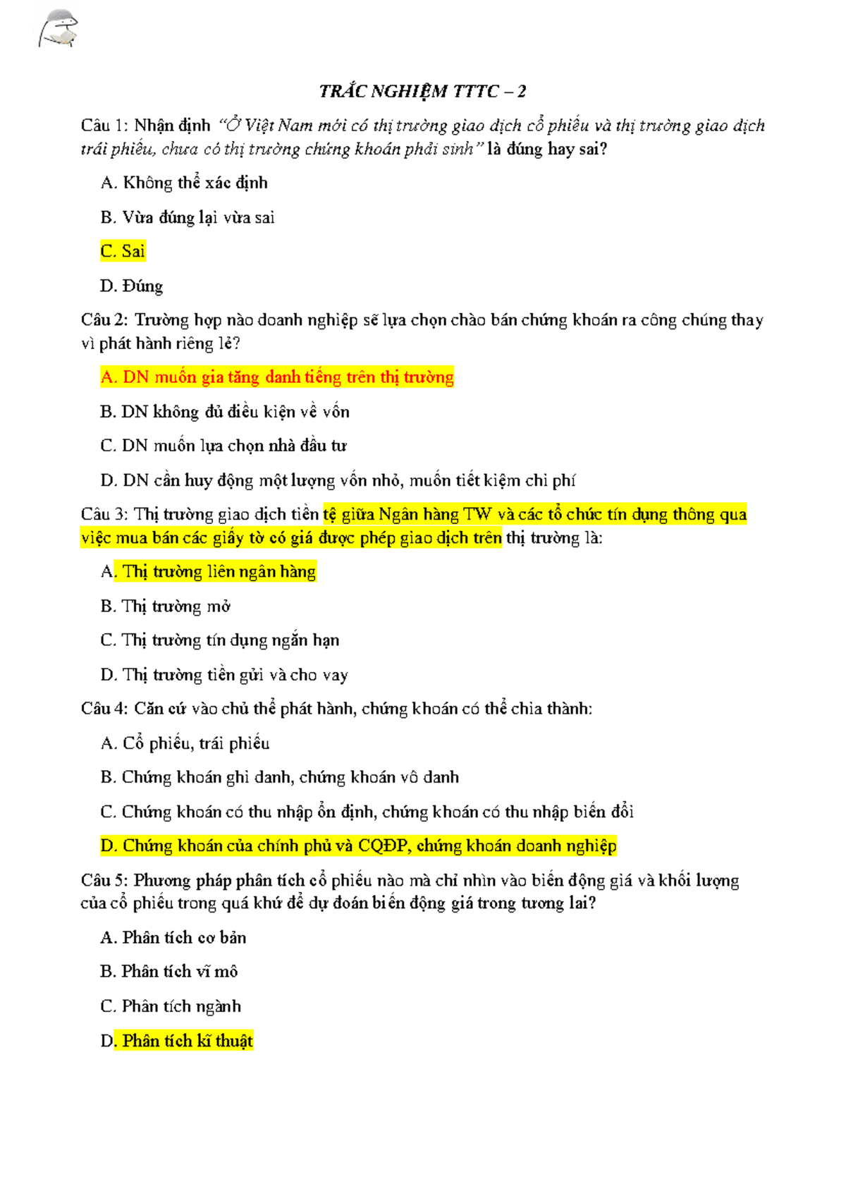TRẮC NghiệM TTTC 2 - Thị trường tài chính HVTC - TRẮC NGHIỆM TTTC – 2 ...